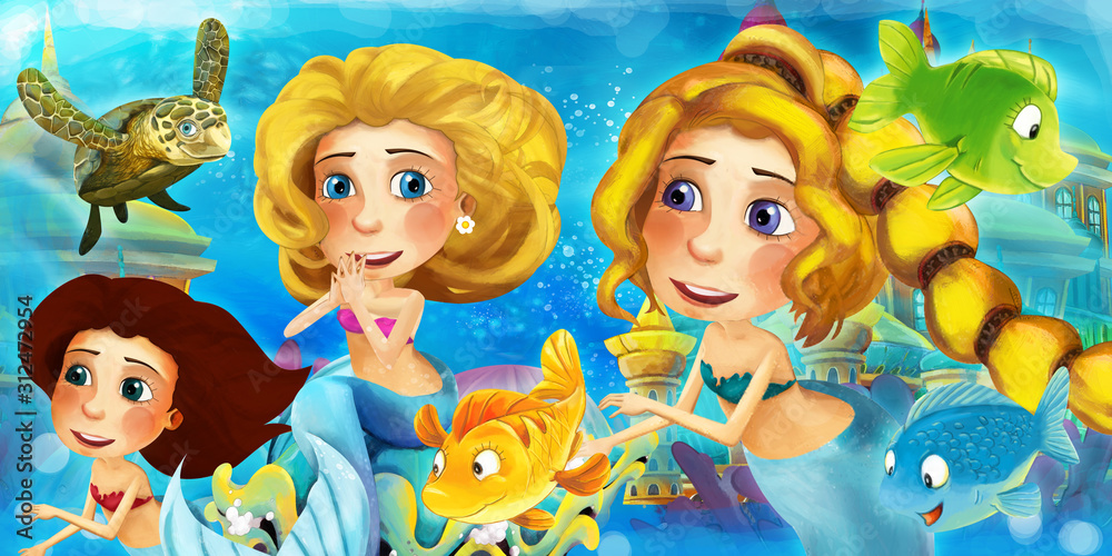 Cartoon ocean and the mermaid in underwater kingdom swimming with ...