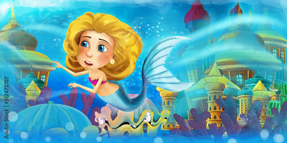 Cartoon ocean and the mermaid princess in underwater kingdom swimming ...