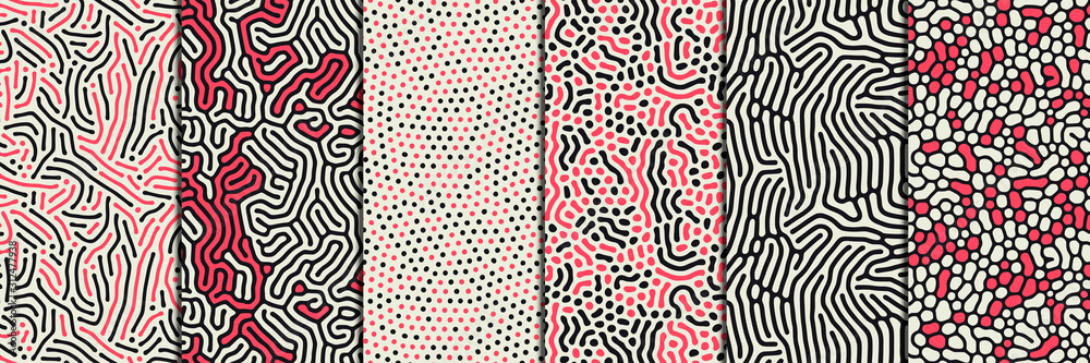 Set of organic seamless patterns with rounded lines, drips. Diffusion reaction background ...