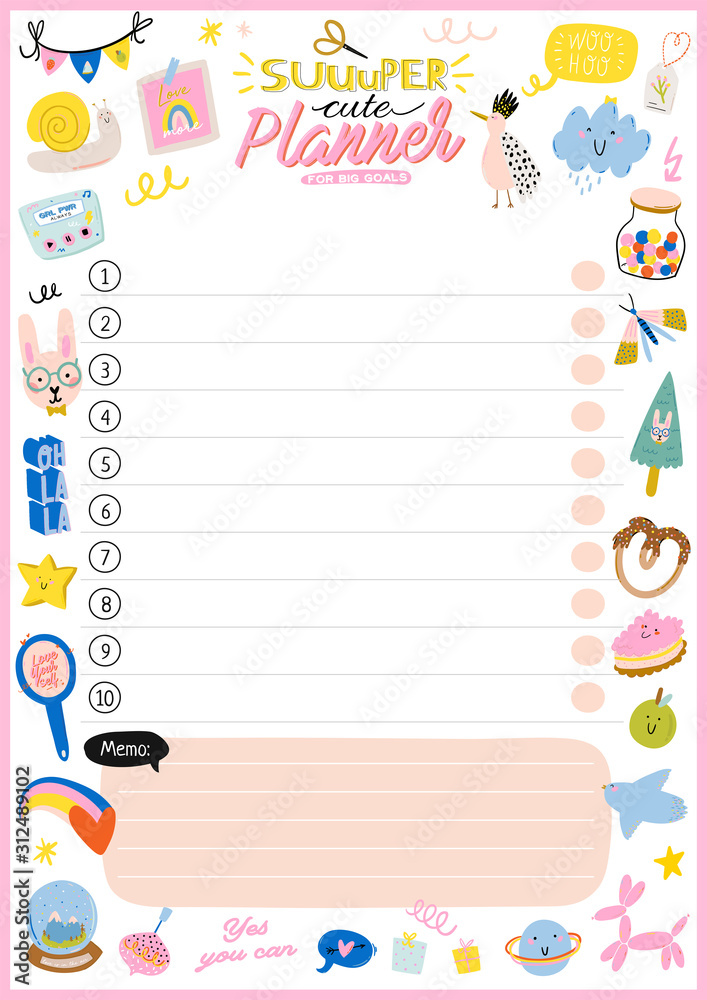 Collection of weekly or daily planner, note paper, to do list, stickers ...