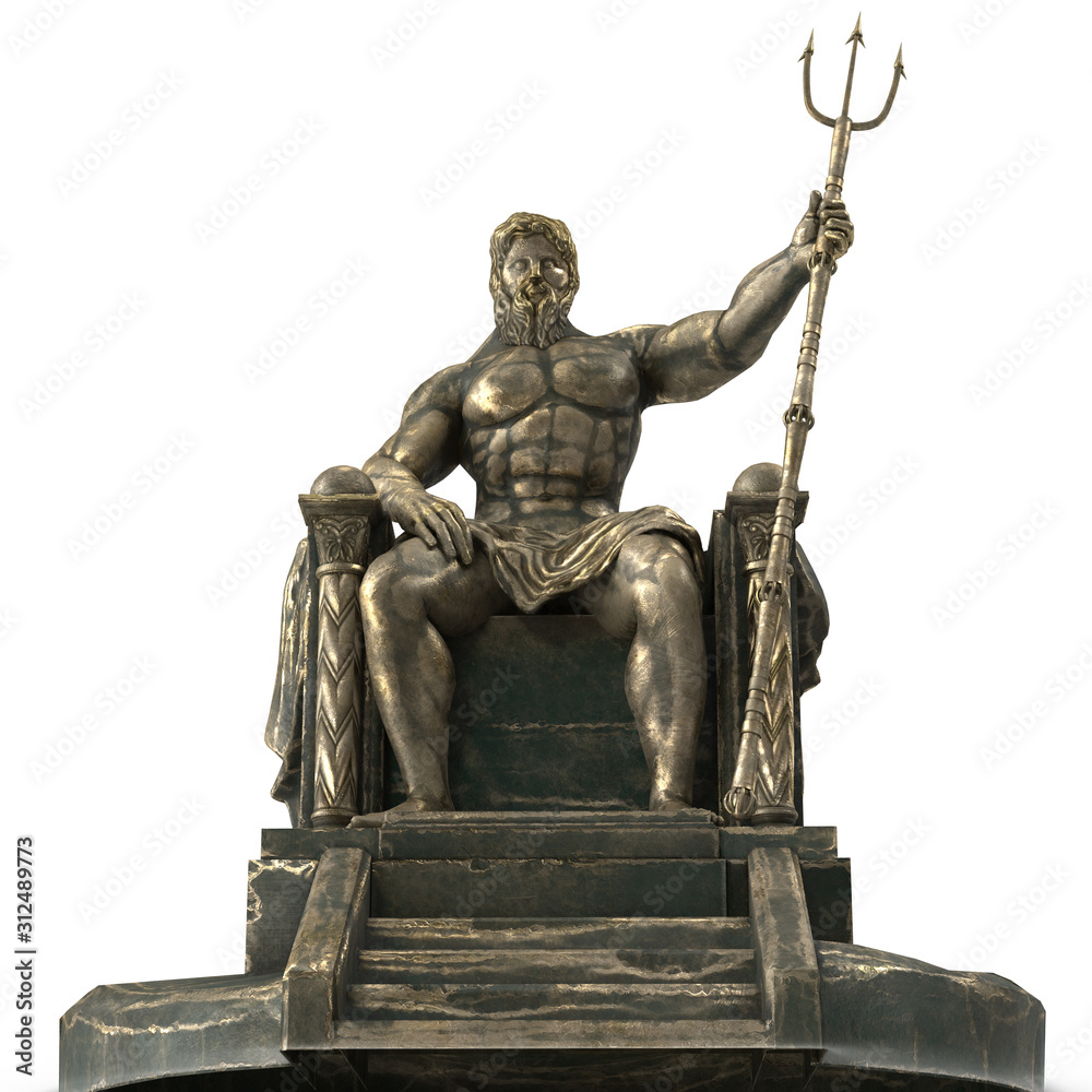 Bronze statue of the Greek god Poseidon on an isolated white background ...
