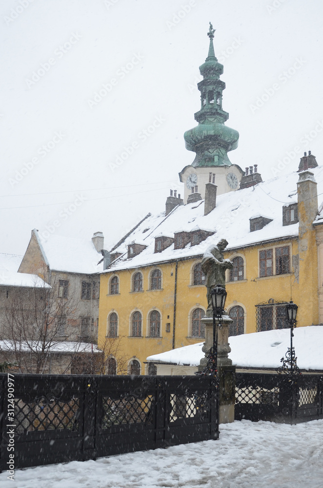 The winter scene of Bratislava old town. Bratislava is a capital ...