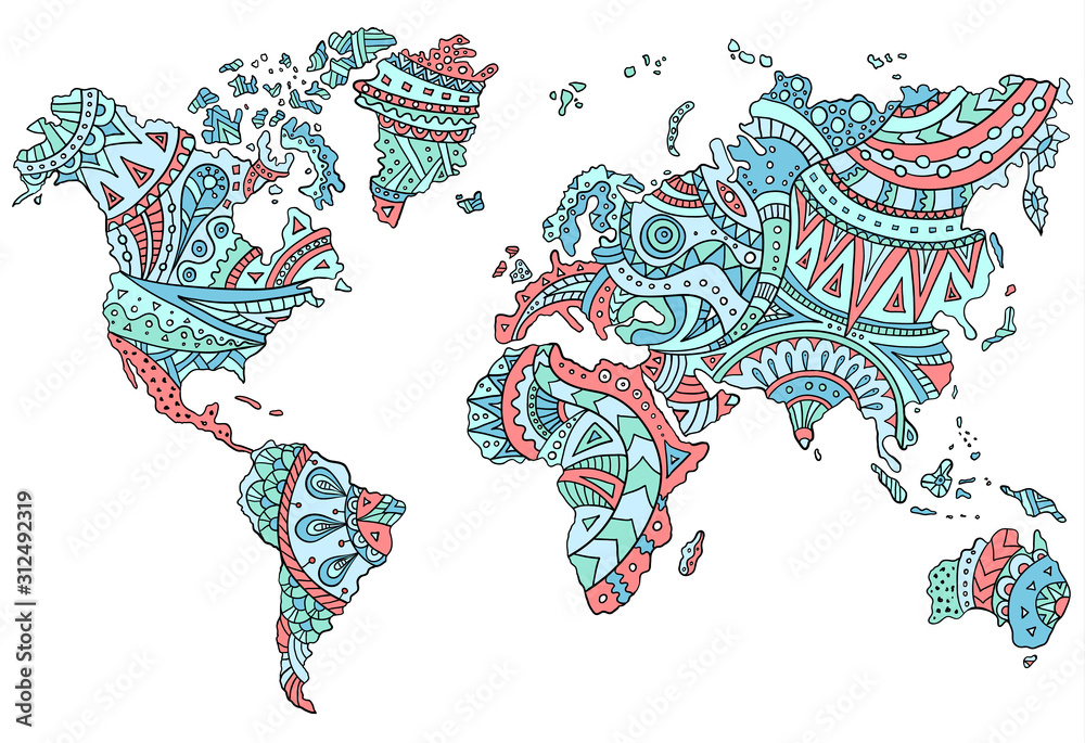 Hand-drawn doodle world map with patterns and ornaments in tribal style ...