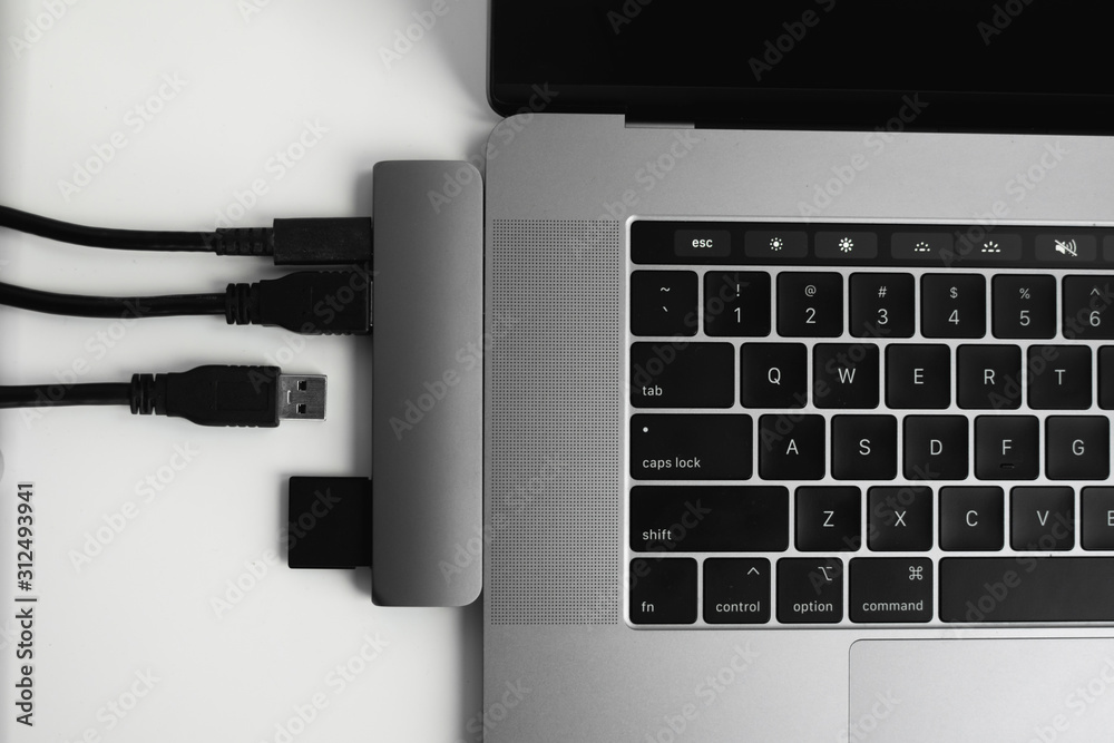Laptop with USB Type-C adapter with pluged USB cables and SD card. The ...