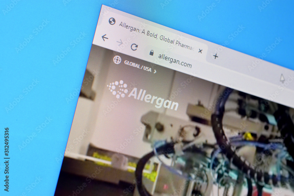 Homepage of allergan website on the display of PC, url - allergan.com ...