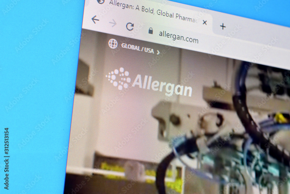 Homepage of allergan website on the display of PC, url - allergan.com ...