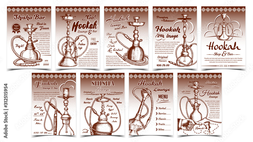 Hookah And Shisha Advertising Posters Set Vector. Collection Of ...