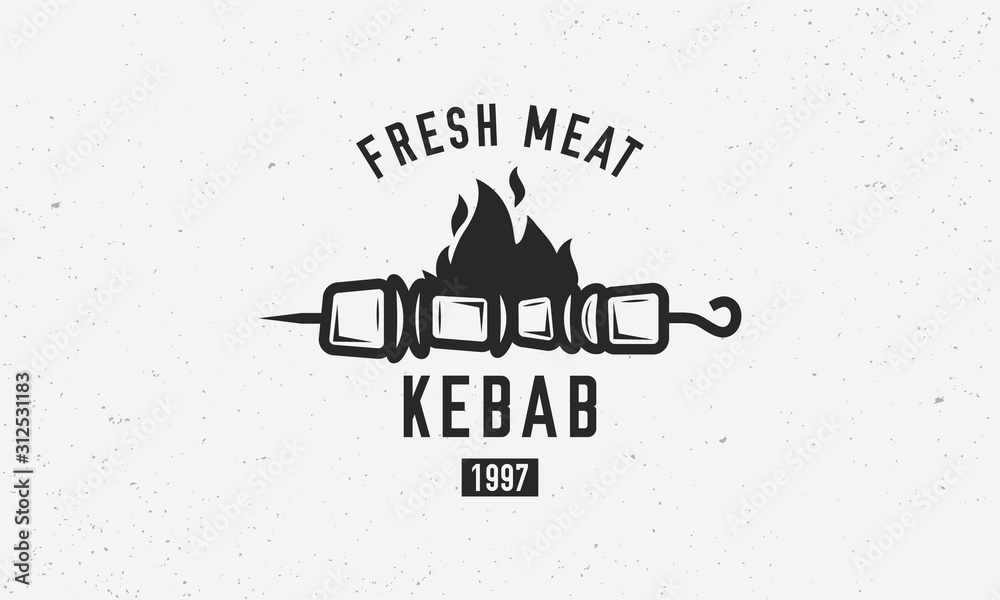 Vintage kebab logo template. Kebab or shashlik on skewer with fire ...
