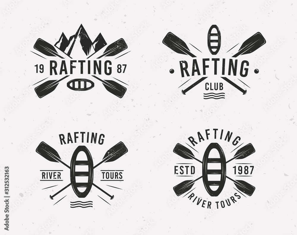 Rafting logo set with raft, crossed paddles and mountains silhouettes ...
