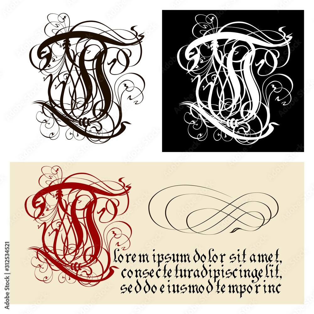 Decorative Gothic Letter T. Uncial Fraktur calligraphy. Stock Vector ...