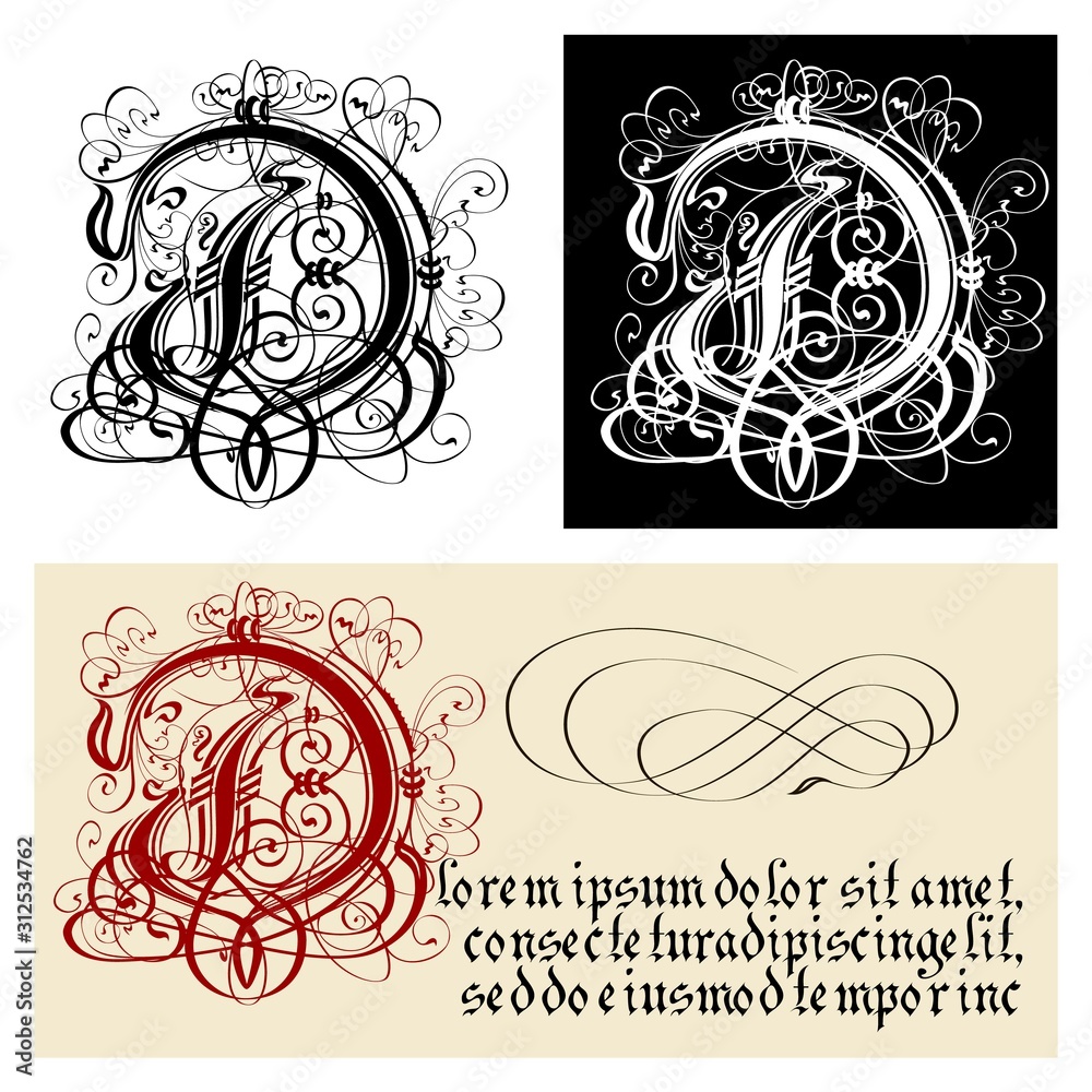 Decorative Gothic Letter D. Uncial Fraktur calligraphy. Stock Vector ...