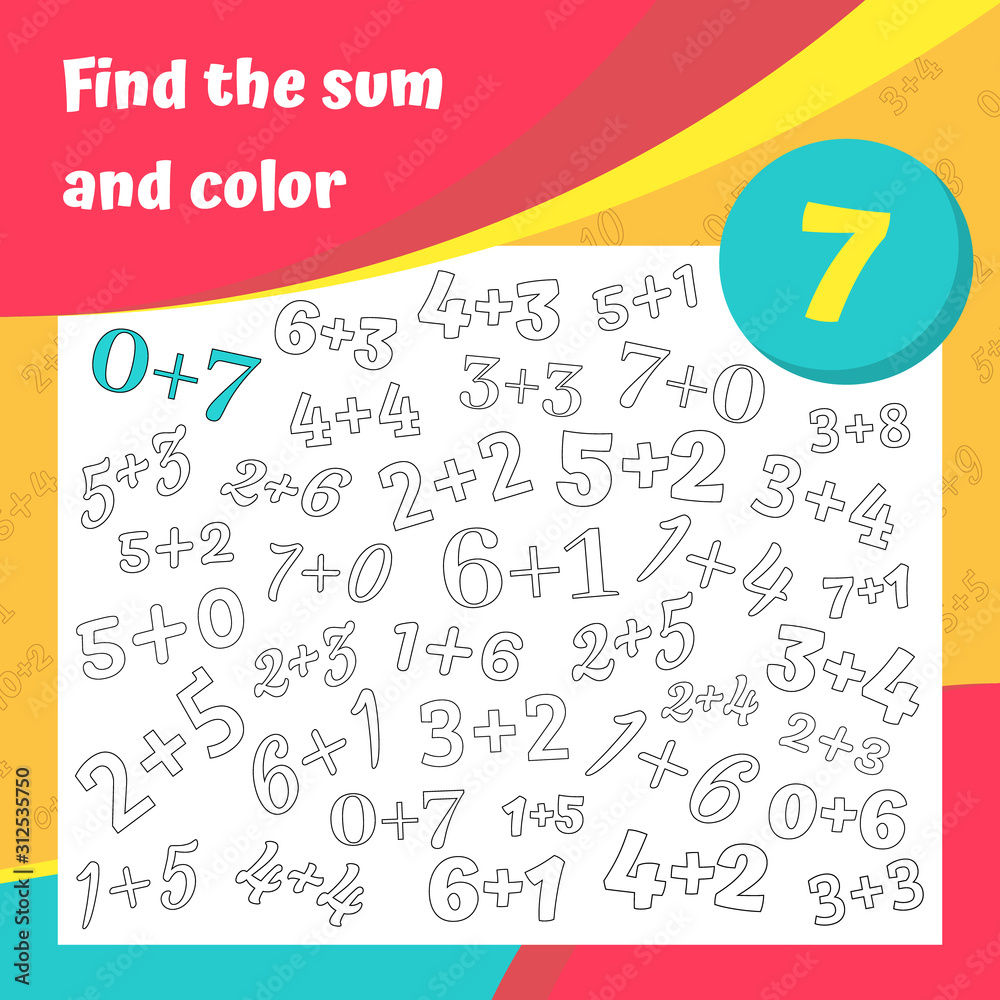 Find the sum and color addition worksheet set. Coloring book page. Math ...