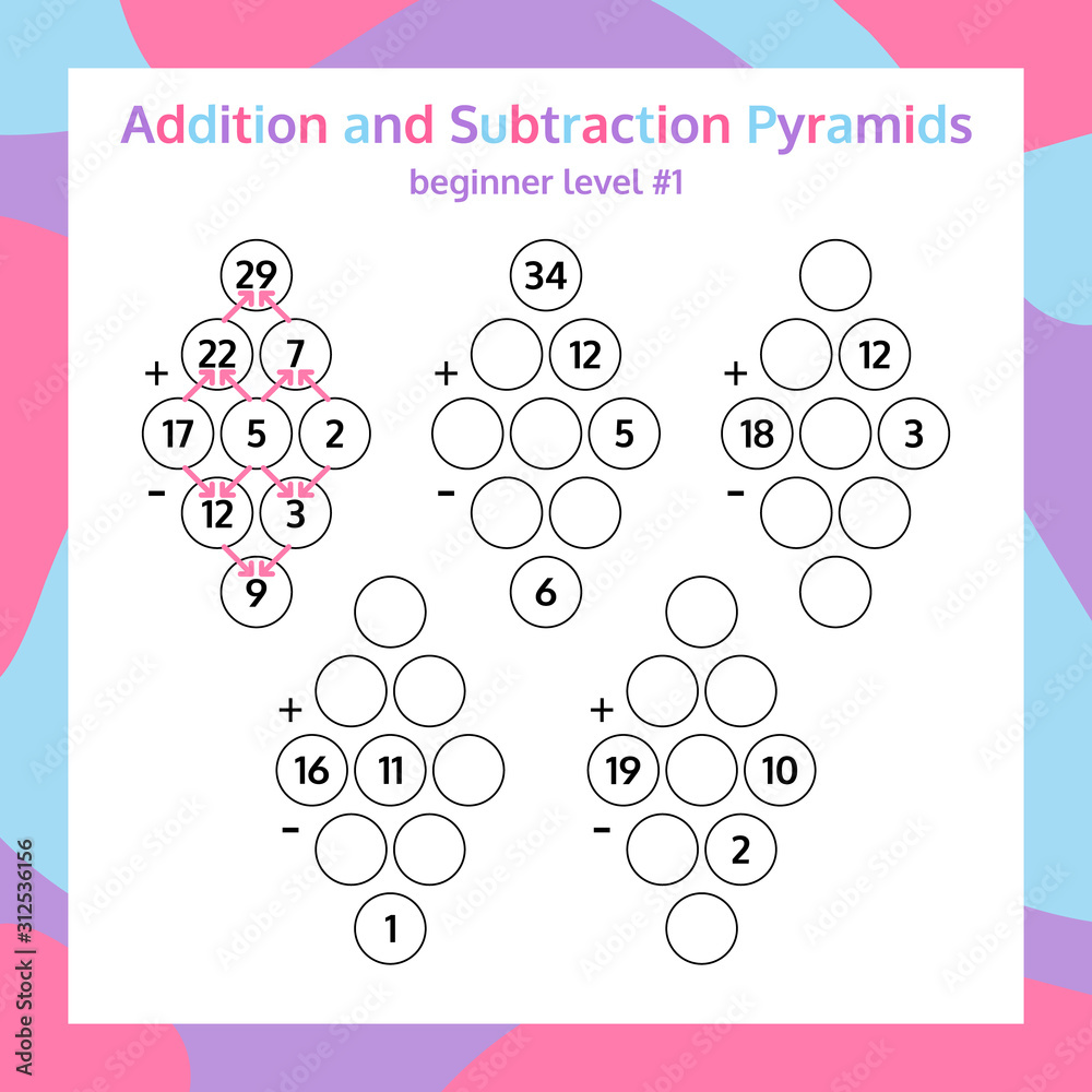 Addition and Subtraction Pyramid Set. Educational Math Game Worksheet ...