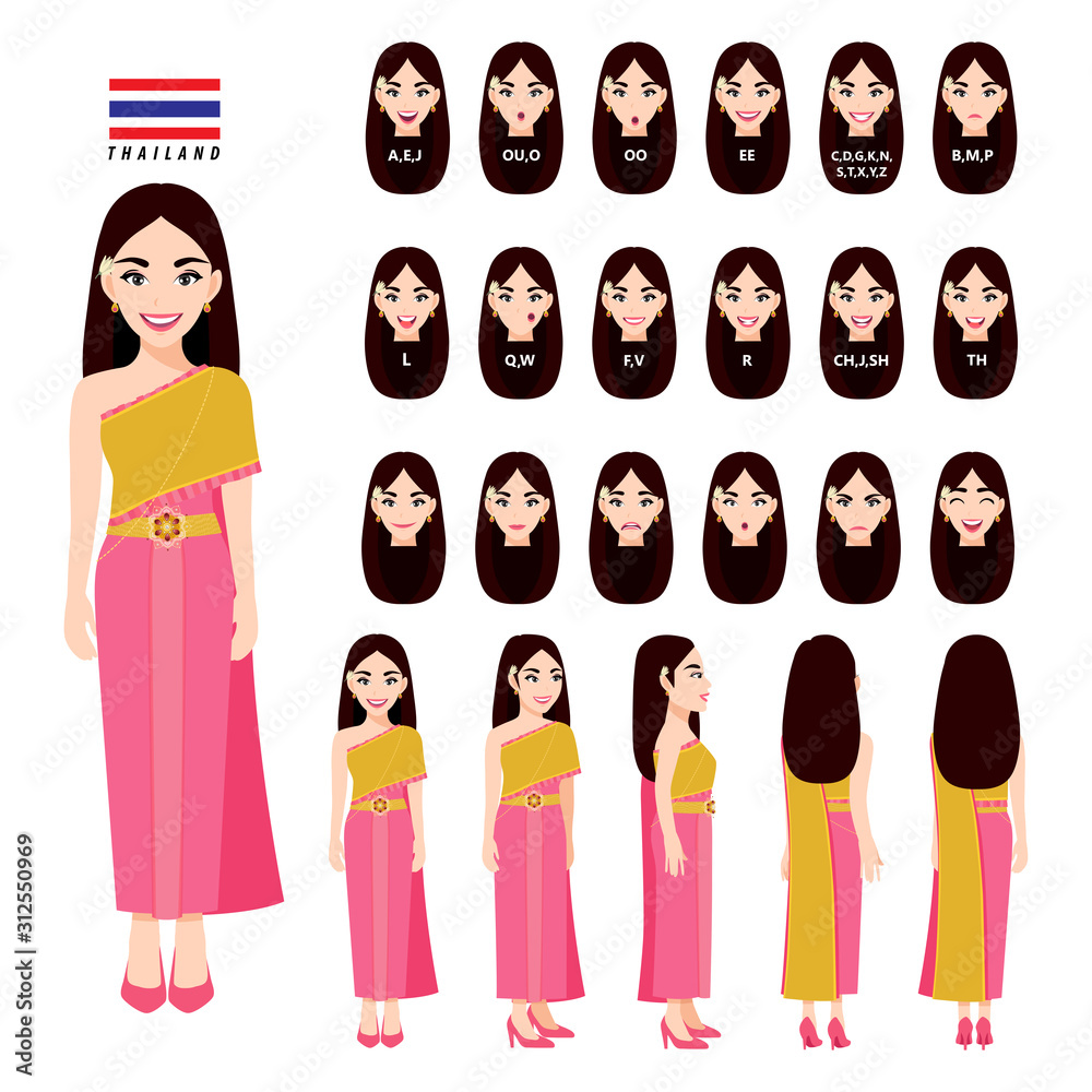 Thailand's female in traditional costume for animation. Front, side ...