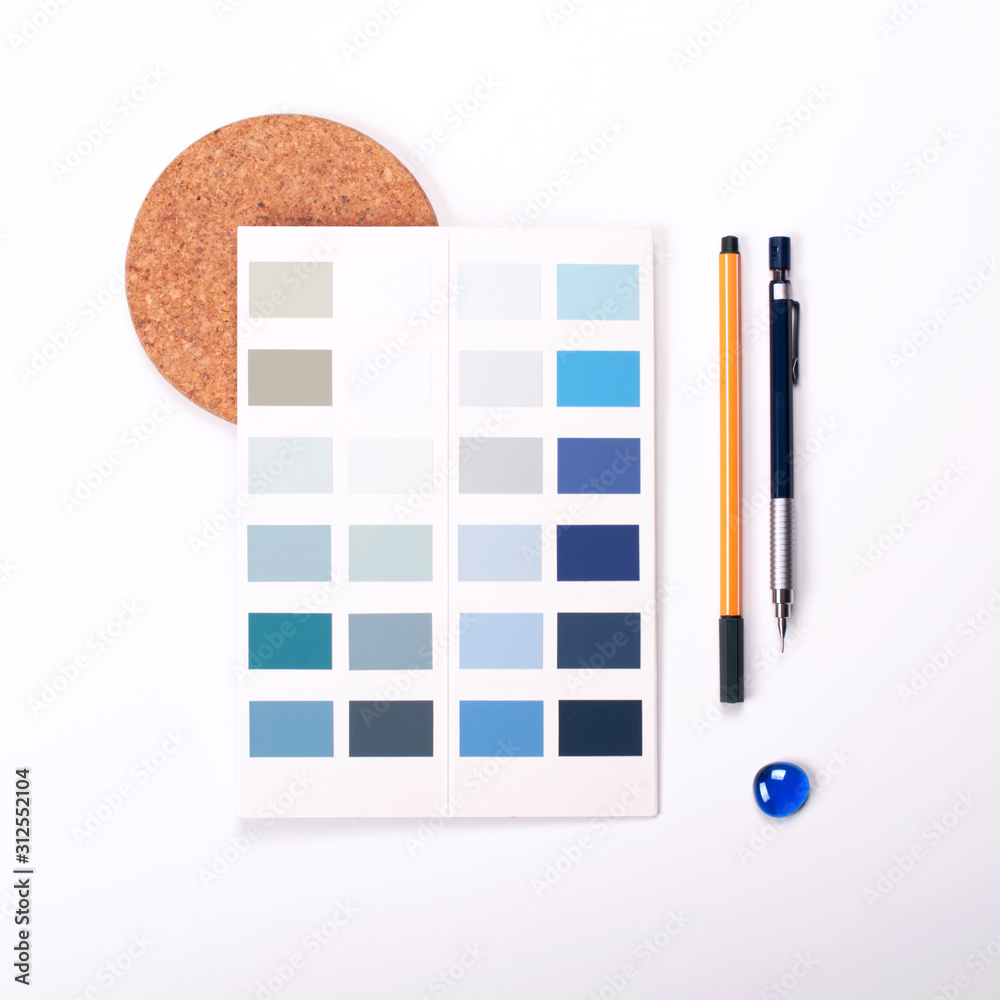 Shades of trending blue color swatches on white background with ...