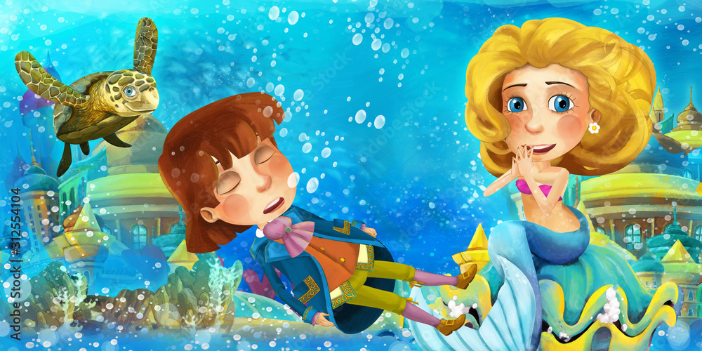 Cartoon ocean and the mermaid in underwater kingdom swimming and having ...