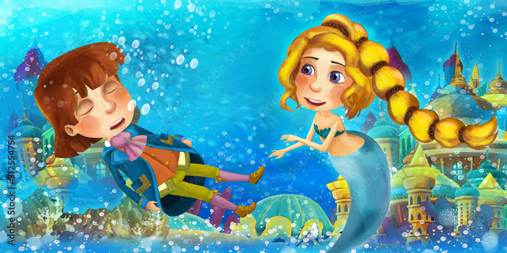 Cartoon ocean and the mermaid in underwater kingdom swimming and having ...