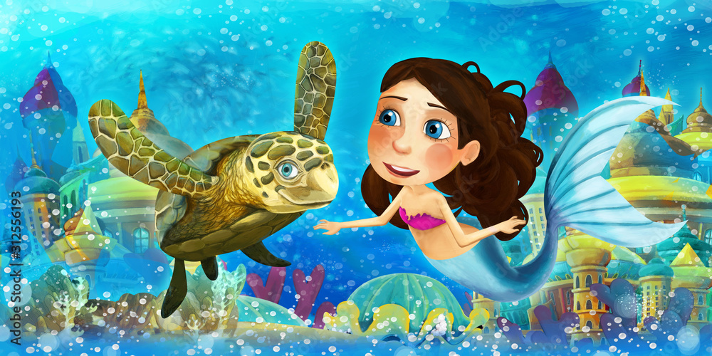 Cartoon ocean and the mermaid princess in underwater kingdom swimming ...