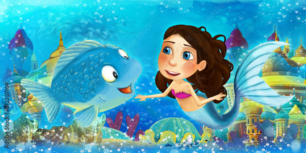 Cartoon ocean and the mermaid princess in underwater kingdom swimming ...