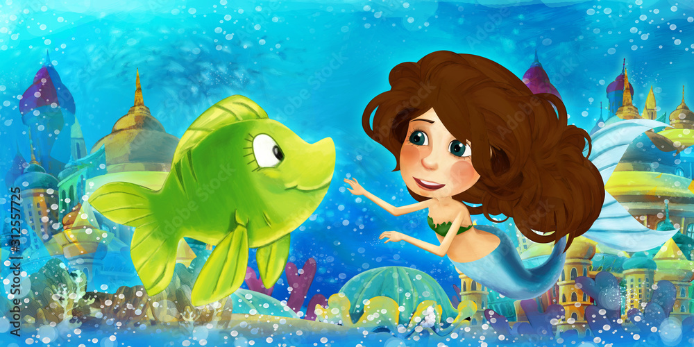 Cartoon ocean and the mermaid princess in underwater kingdom swimming ...