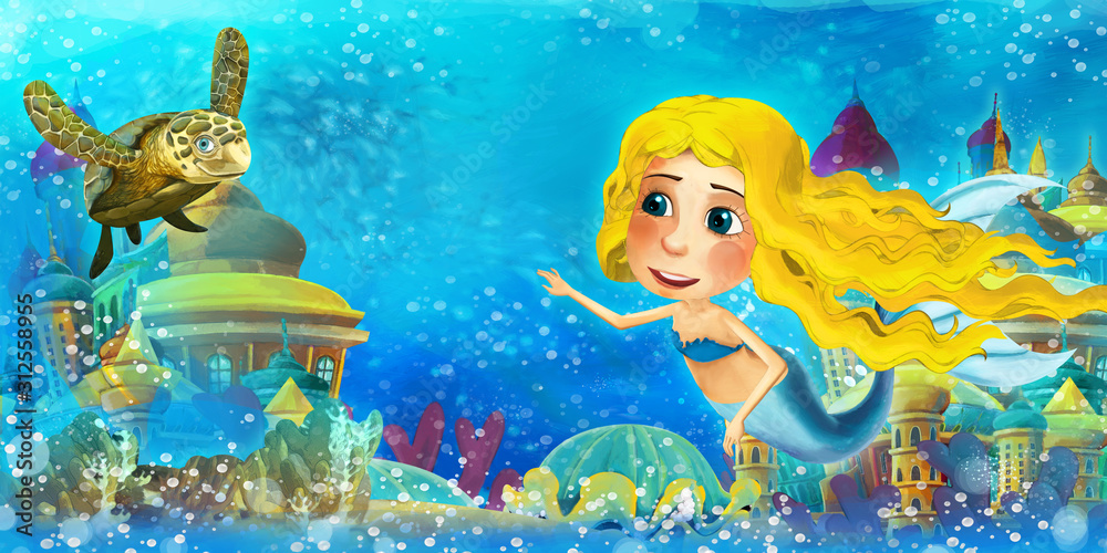 Cartoon ocean and the mermaid in underwater kingdom swimming and having ...
