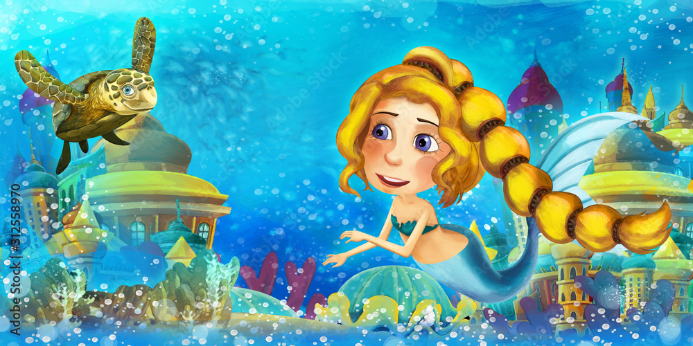 Cartoon ocean and the mermaid in underwater kingdom swimming and having ...