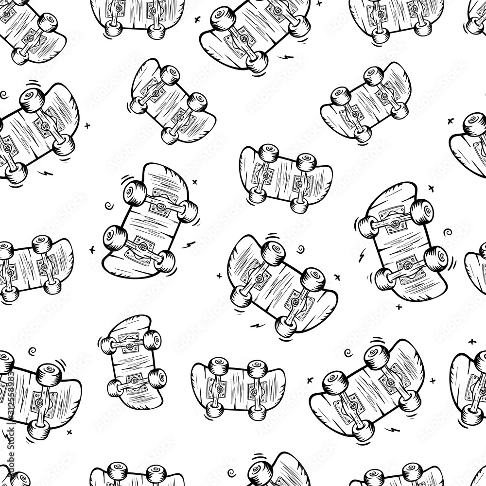 Seamless background with a pattern of outline cartoon skateboard.Vector ...