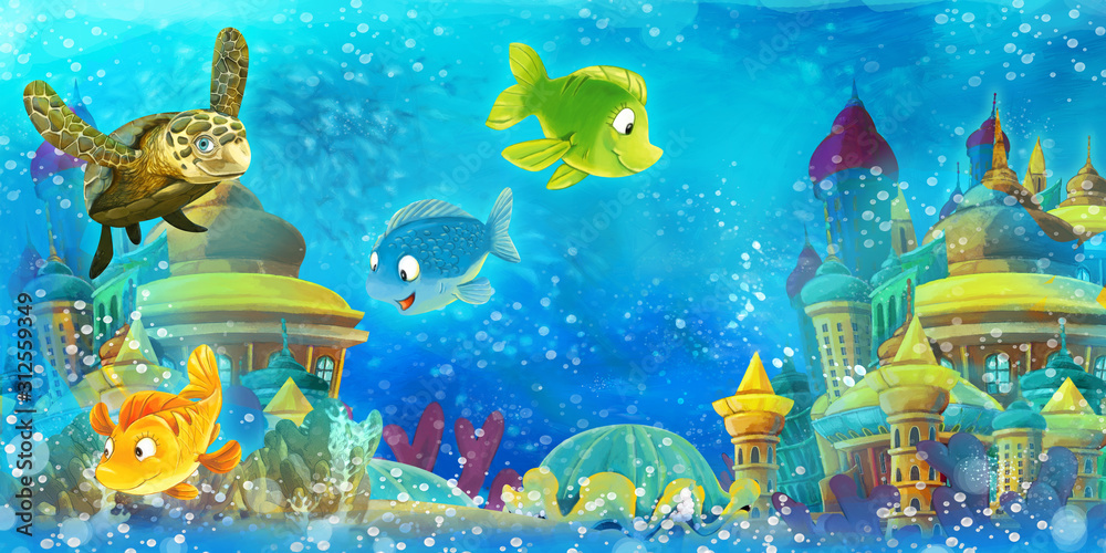 Cartoon ocean and funny fishes swimming and having fun in underwater ...