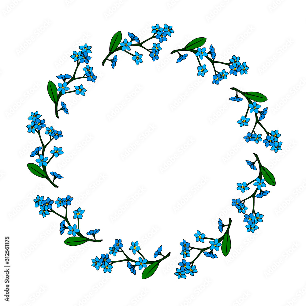 Round frame with horizontal blue flowers forget-me-not. Isolated wreath ...