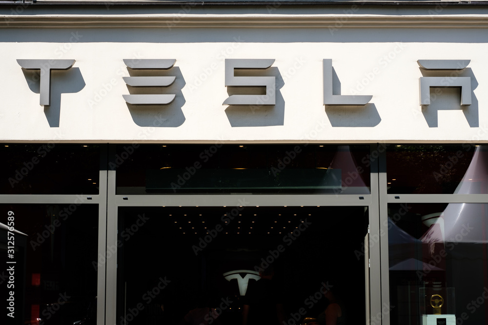Berlin, Germany - june 2018: Tesla logo / brand name on shop facade in ...