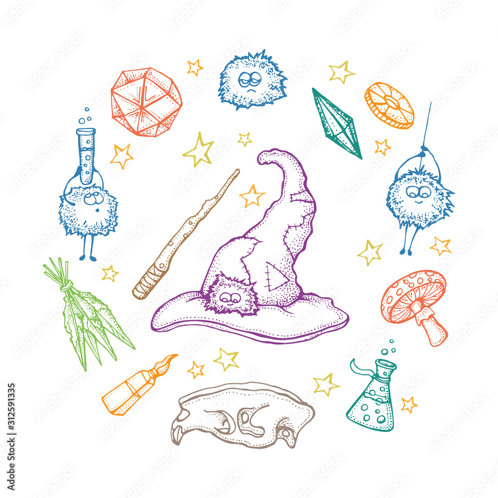 Set of Magician and alchemy tools: skull, crystal, roots, potion ...