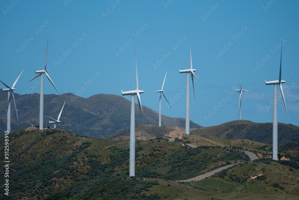 Wind turbines on the hills at Makara New Zealand, near Wellington Stock ...