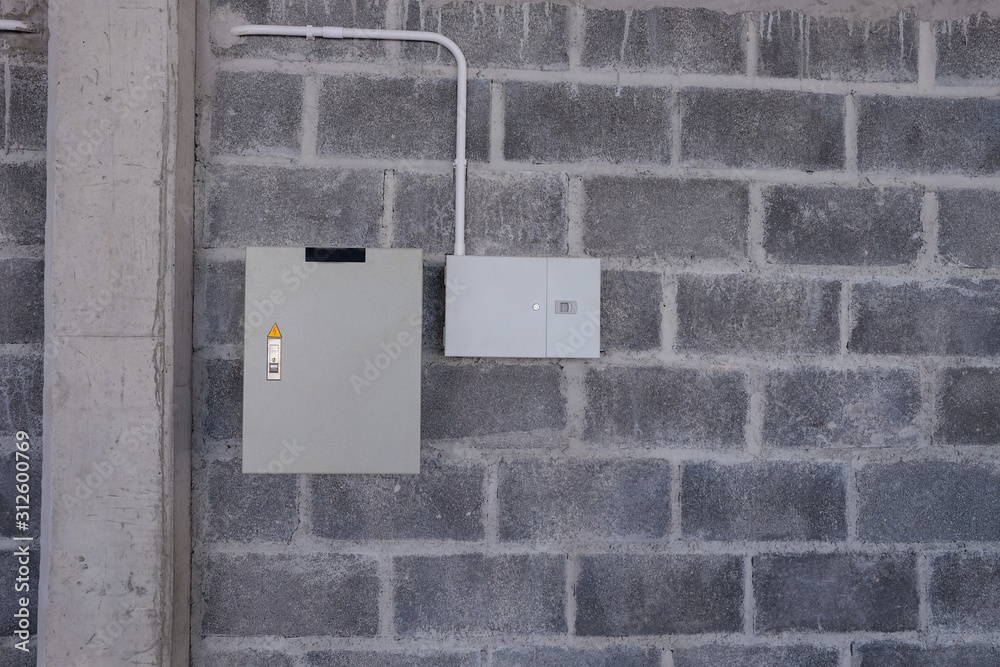 Electrical control box on the wall. Electric control panel power supply ...