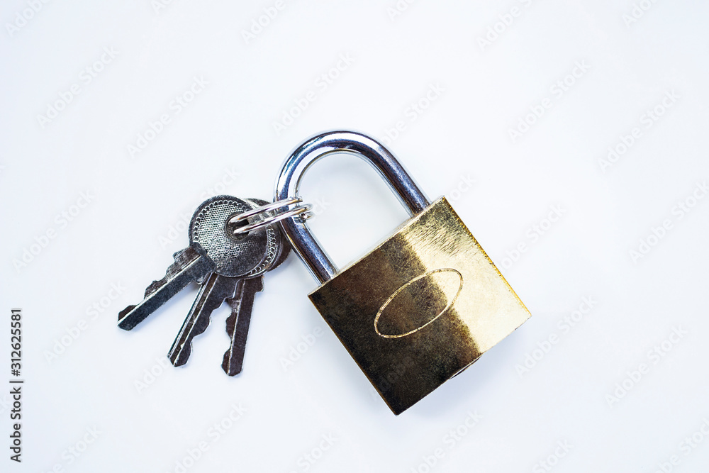 Locked golden Padlock and key isolated on white background. Stock Photo ...