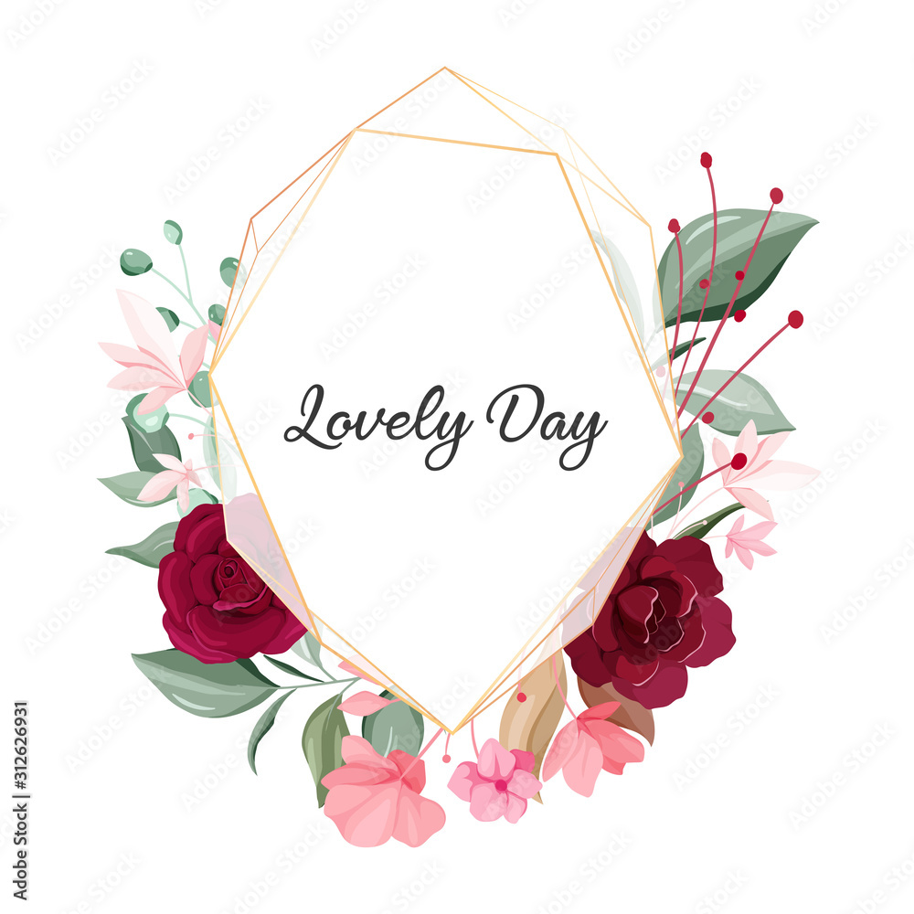 Geometric floral Frame. Flowers decoration illustration of burgundy and ...