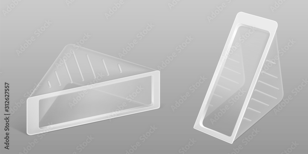 Triangle clear plastic pack for sandwich, cheese. Vector mockup with ...