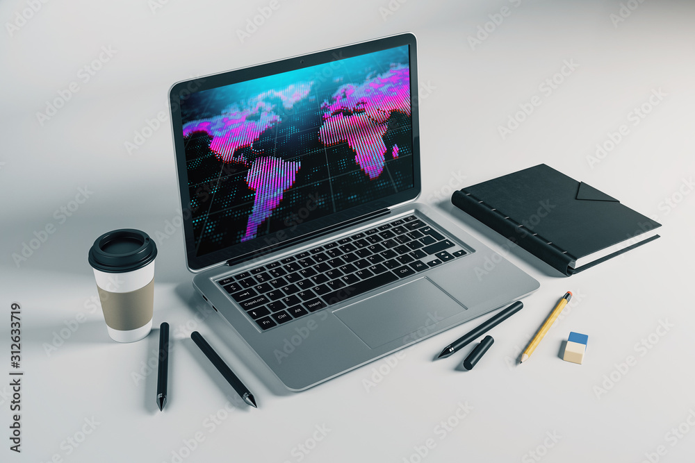 Laptop closeup with world map on computer screen. International ...