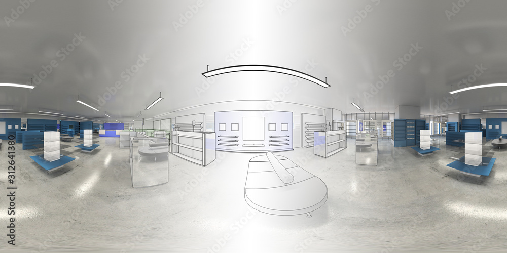 spherical panoramic render of the store, interior visualization, 3D ...