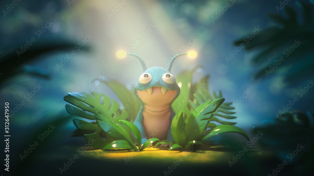 Cute alien creature hiding in the bushes in the jungle. Cartoon monster ...