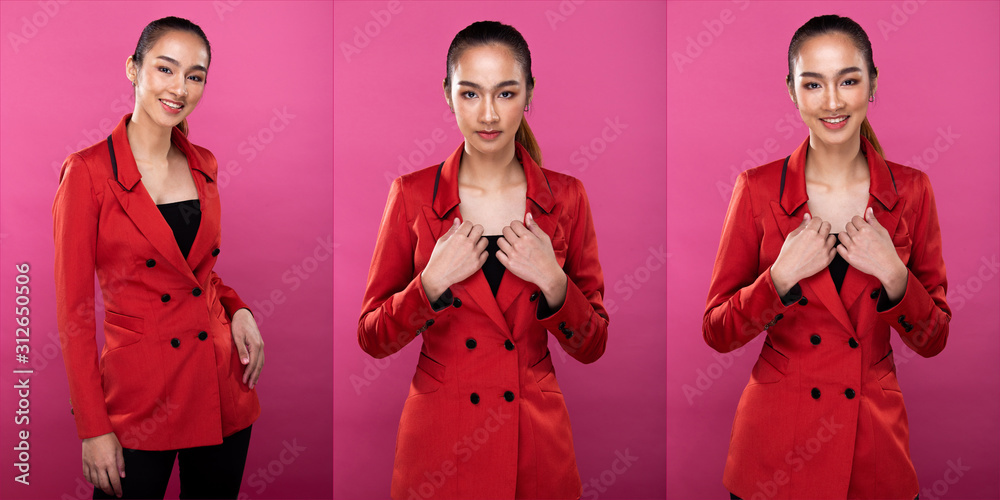 Collage Group pack Portrait of Asian Business Woman wear Red Formal ...