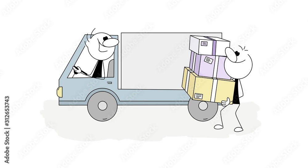 Doodle stick figure: Delivery van, fast service truck, moving house ...