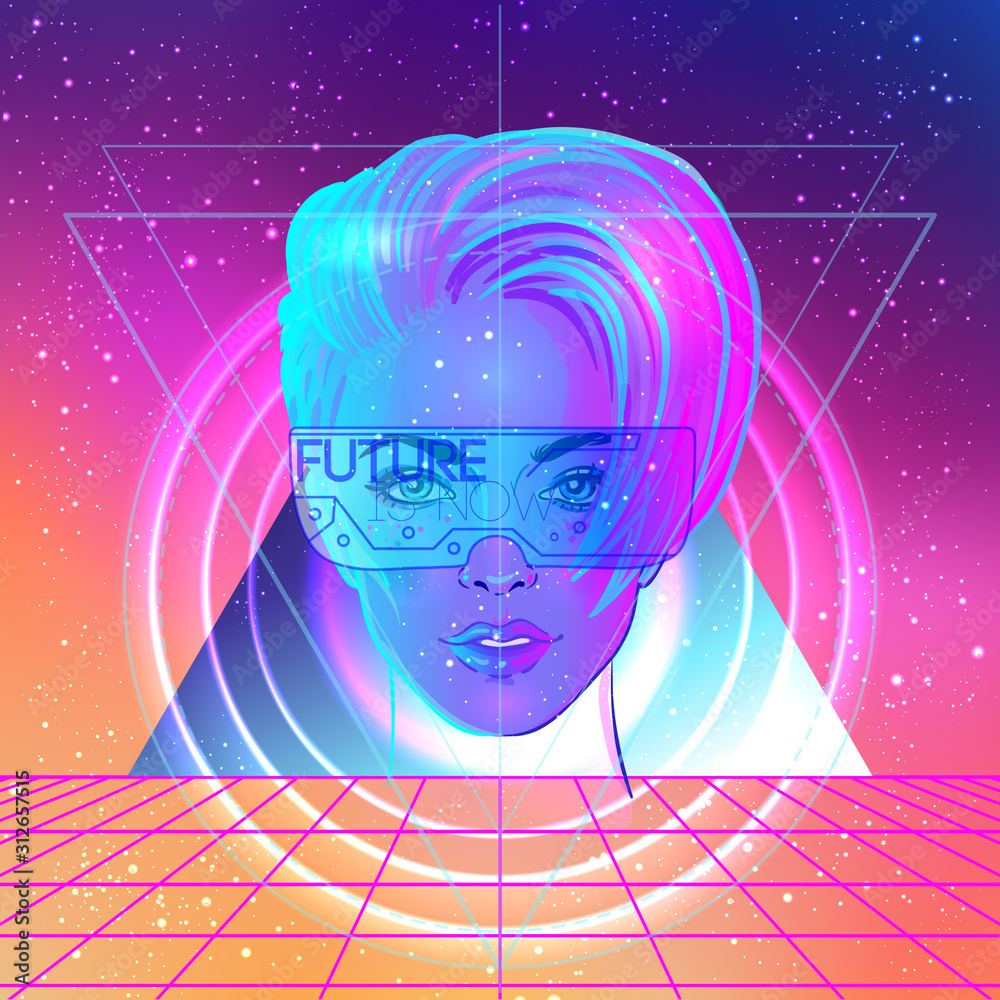Futuristic synth wave style. Retroparty flyer template. Portrait of a ...