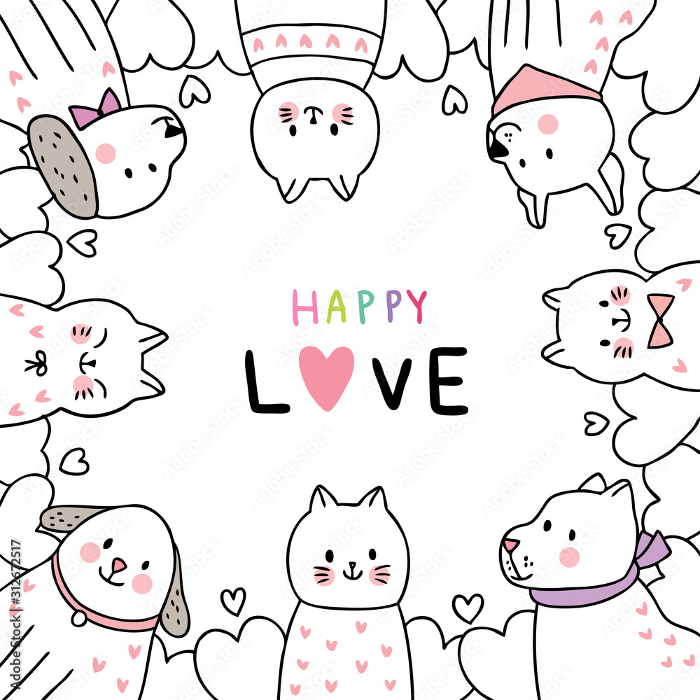 Cartoon cute Valentines day cats and dogs and hearts vector. Stock ...