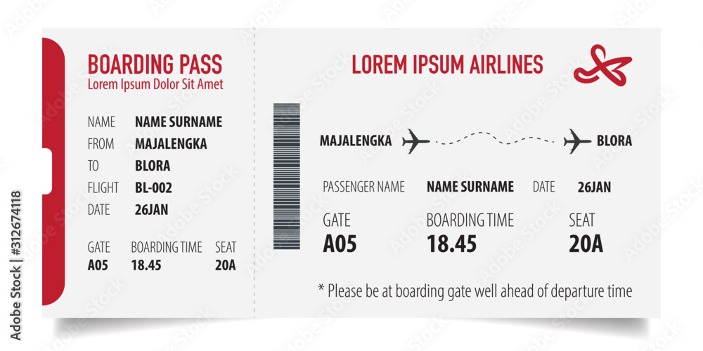 Boarding pass isolated template on white background. Concept of travel ...