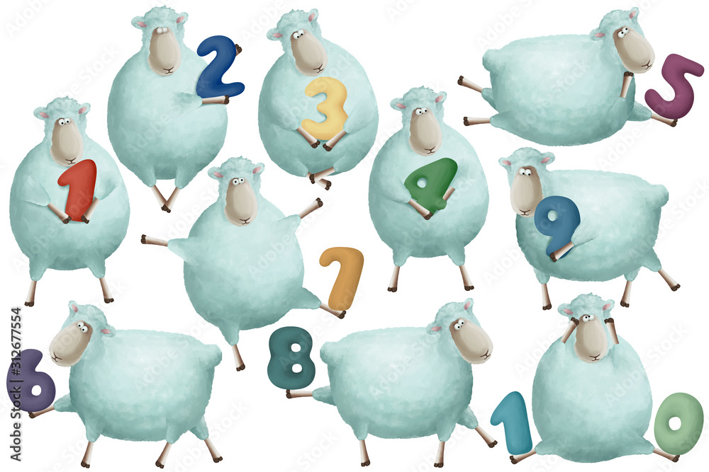 Learn count to 10 with kids. Cute little sheep with numbers on white ...
