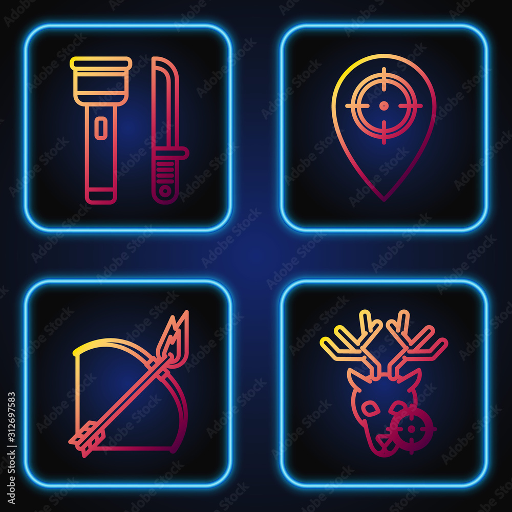 Set line Hunt on deer with crosshairs, Bow and fire arrow, Flashlight ...