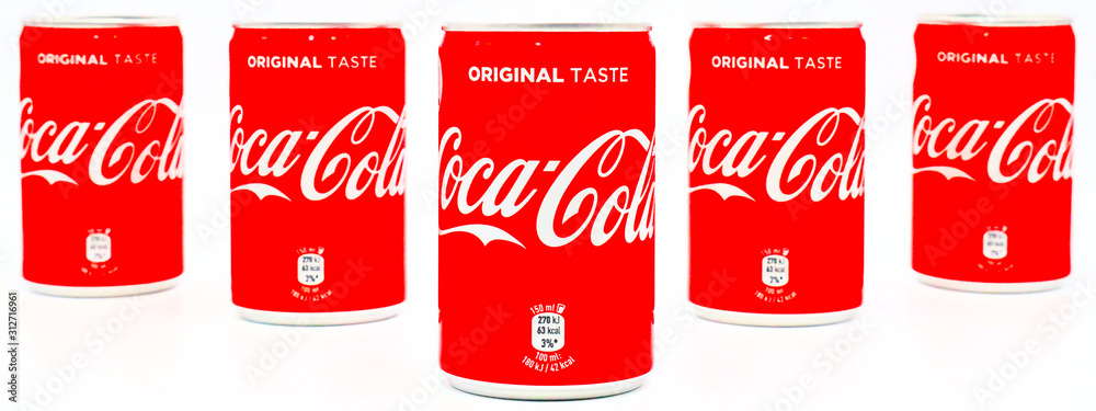 Italy – January 1, 2020: COCA-COLA Original Taste cans. Coca-Cola and ...