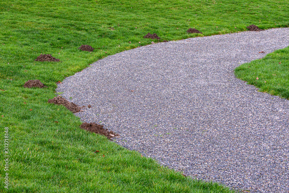 Wide gravel path curved through grass and lined by mole hills 스톡 사진 ...