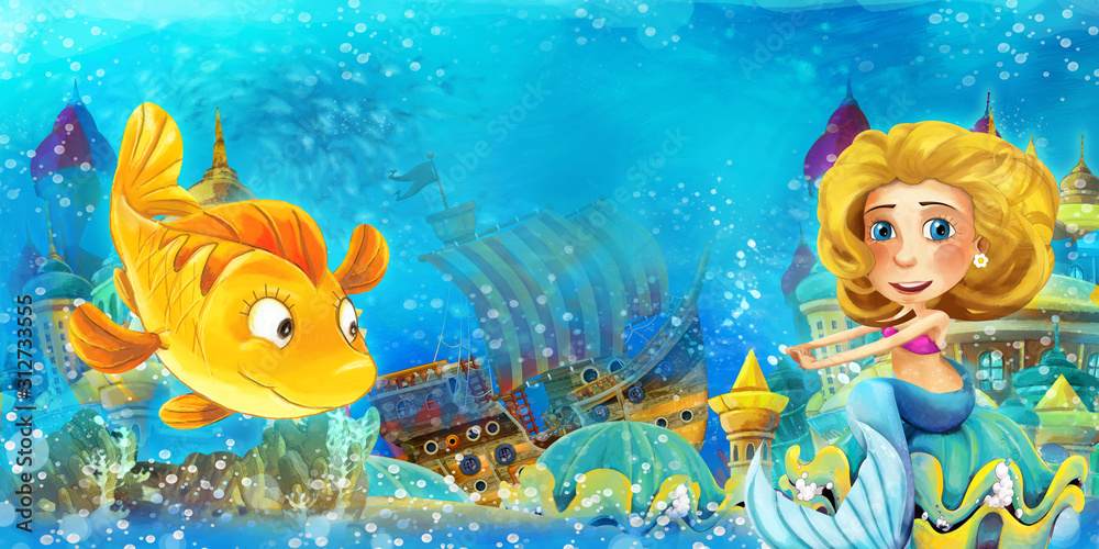 Cartoon ocean and the mermaid in underwater kingdom swimming and having ...