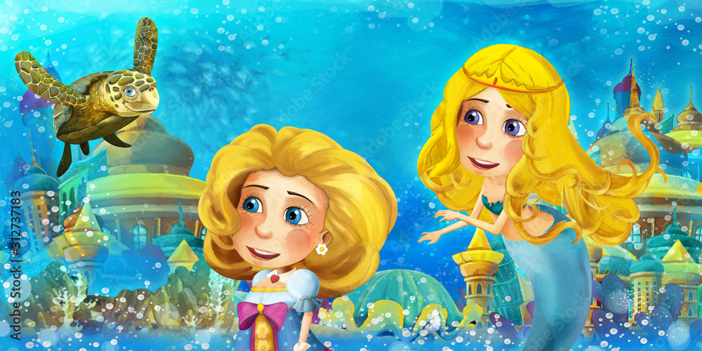 Cartoon ocean and the mermaid in underwater kingdom swimming and having ...
